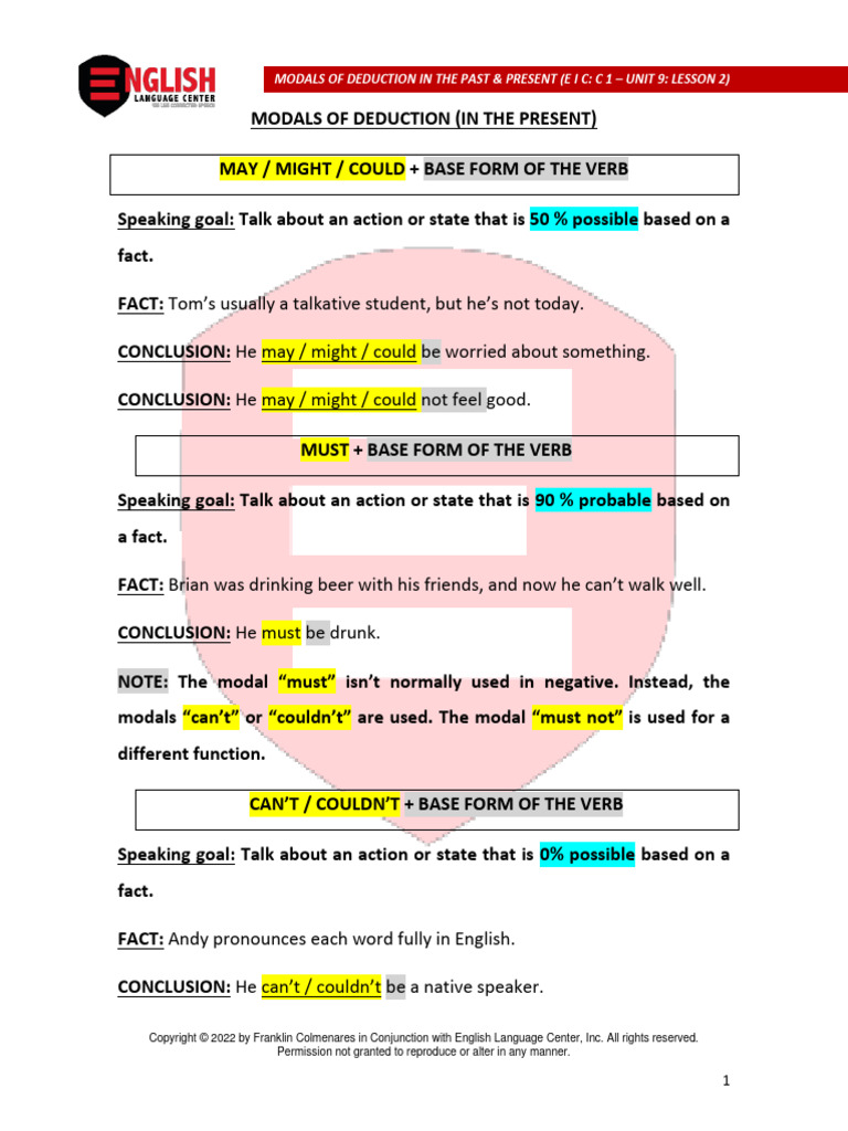 MODALS OF DEDUCTION IN THE PAST AND PRESENT - LESSON 2 | PDF