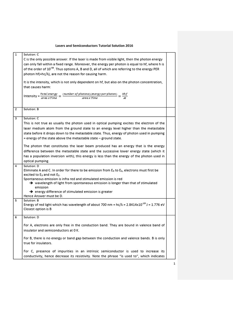 Lasers_and_Semiconductors_Tutorial_Solution_2016_Final | PDF