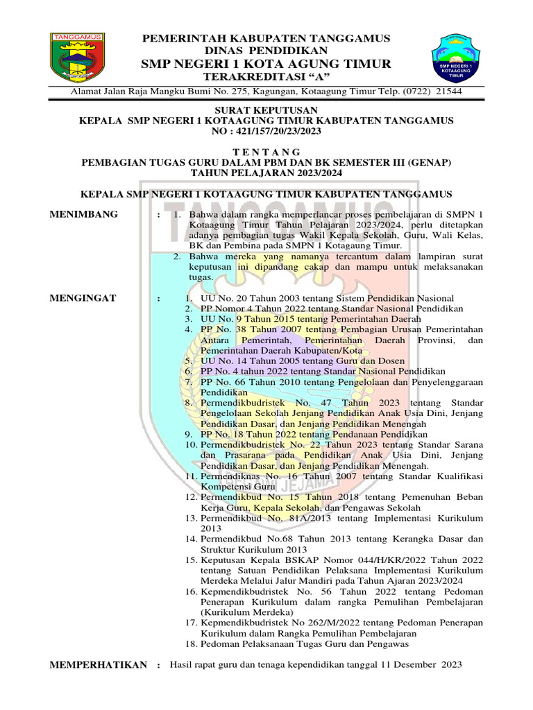 SK Pembagian Tugas Semester Genap 2023-2024 | PDF