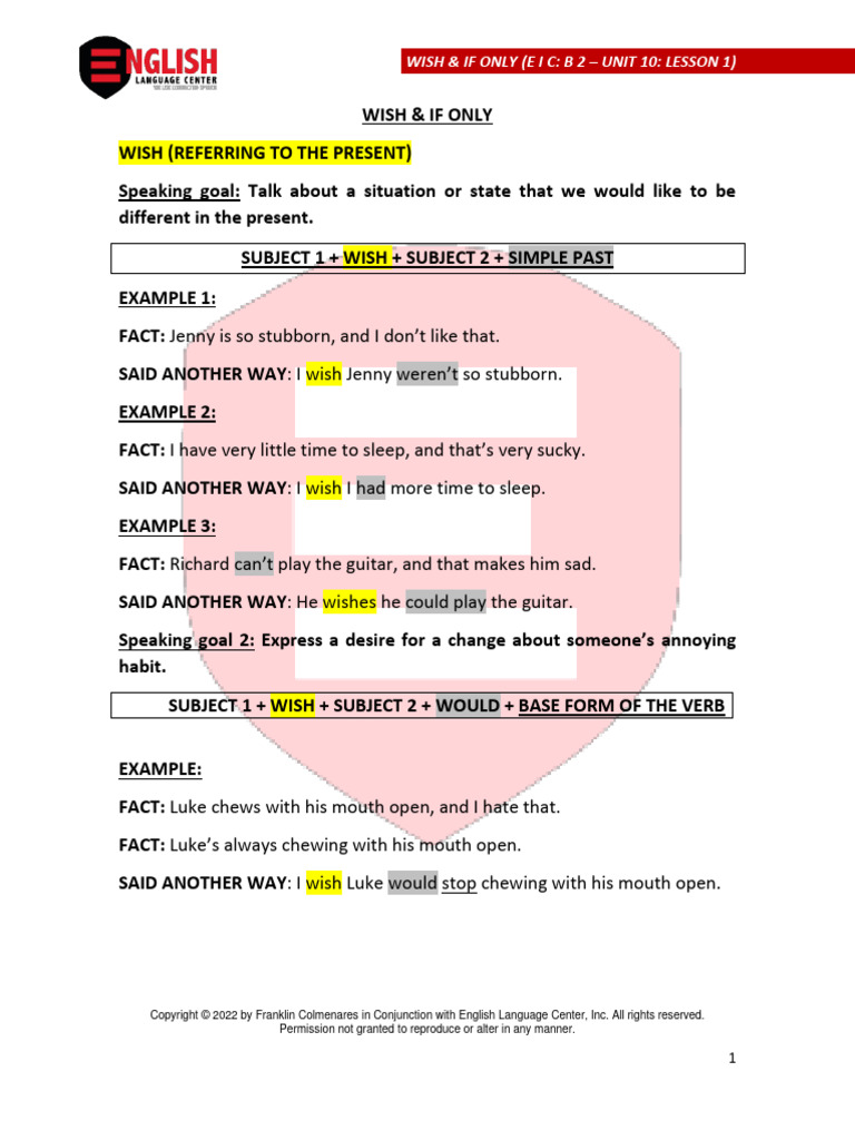 Wish & If Only in The Past & Present - Lesson 1 | PDF
