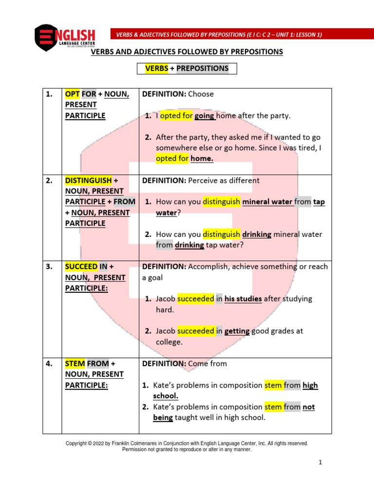 Verbs and Adjectives Followed by Prepositions - Lesson 1 | PDF | Verb ...