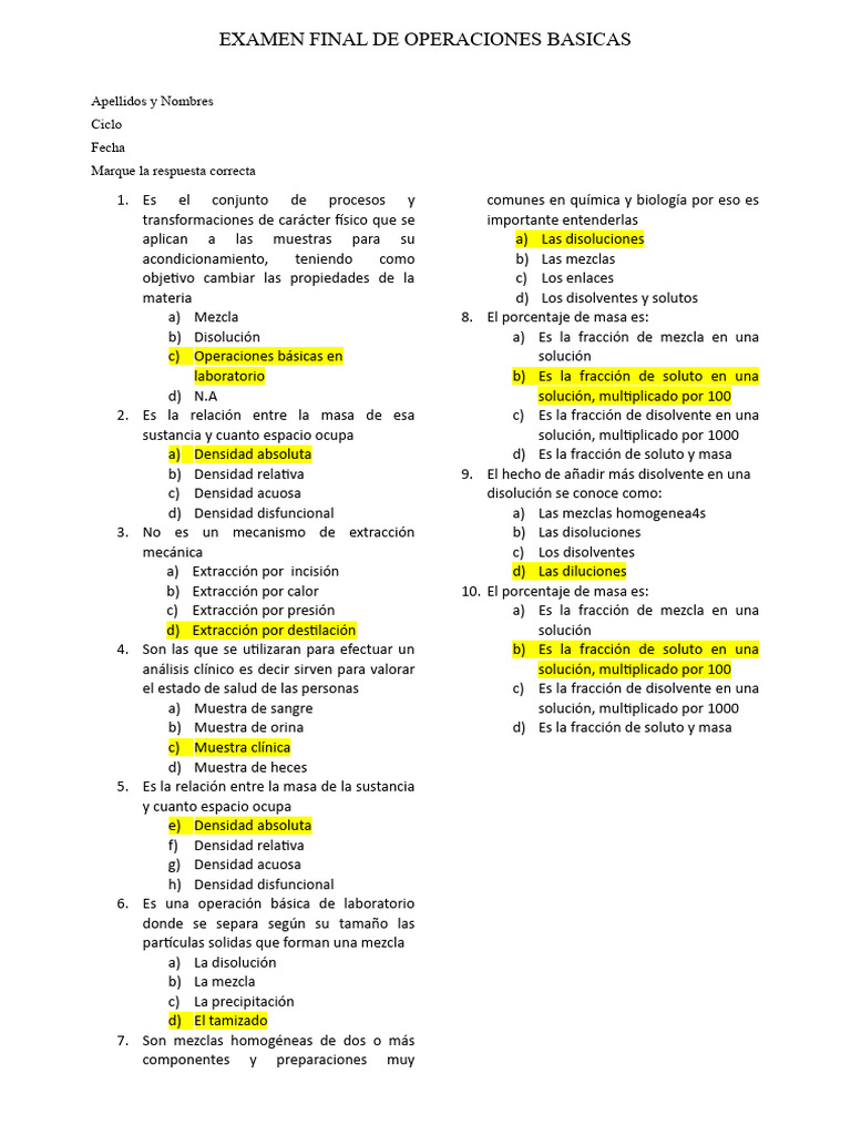 Examen Final de Operaciones Basicas | PDF | Mezcla | Materiales