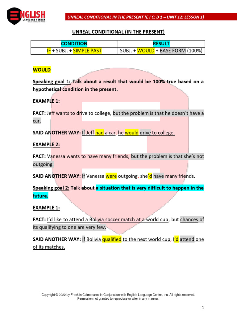 Unreal Conditional in The Present - Lesson 1 | PDF | Freedom Of Expression Law | Copyright Law