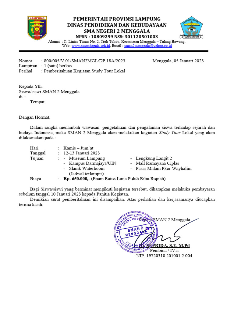 Surat Pemberitahuan Study Tour | PDF