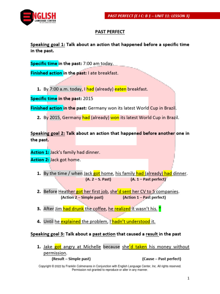 Past Perfect - Lesson 3 | PDF | Perfect (Grammar) | Linguistic Typology