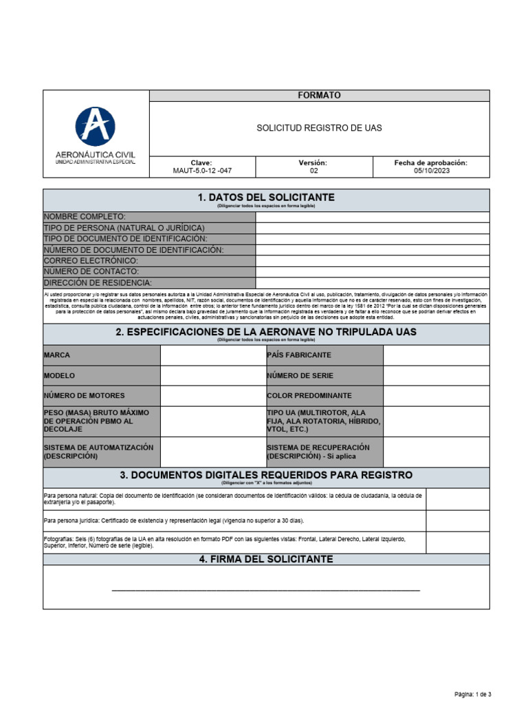 100-MAUT-5.0-12-047-FO-Solicitud Registro UAS-V2 | PDF