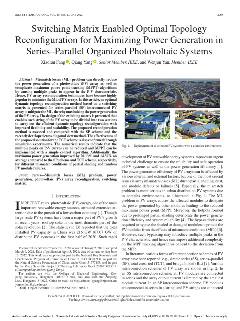 Switching Matrix Enabled Optimal Topology Reconfiguration For Maximizing Power Generation In