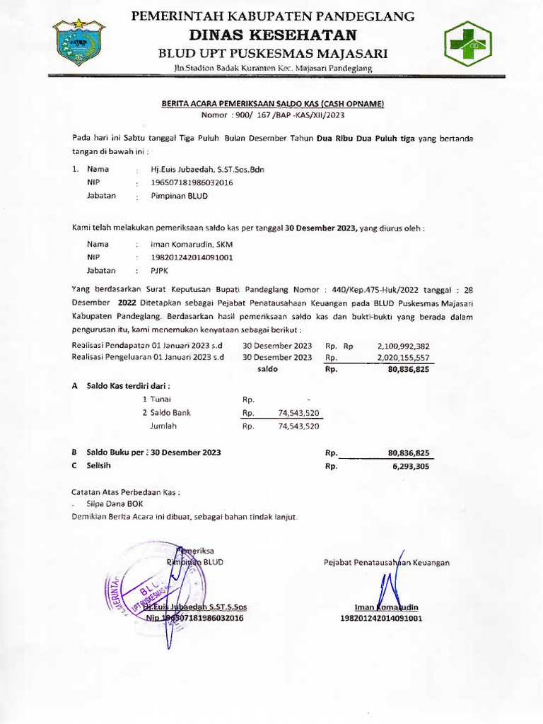 Contoh BAP Internal PJPK BLUD UPT PKM | PDF