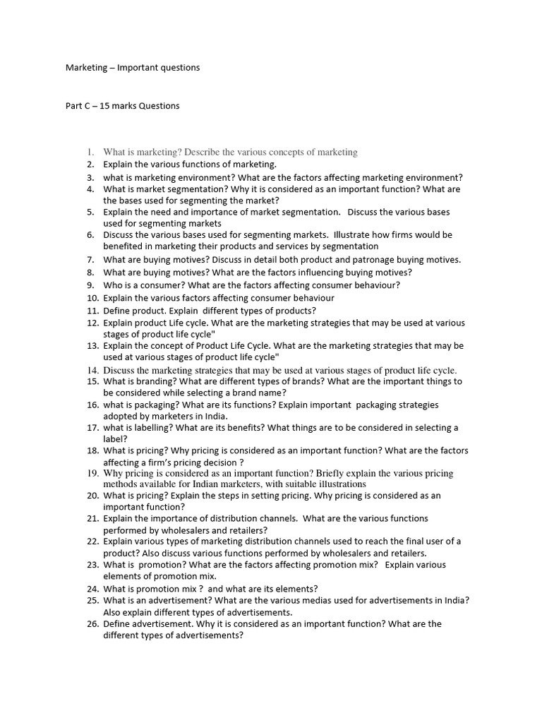 Marketing Important Questions | PDF | Marketing | Market Segmentation