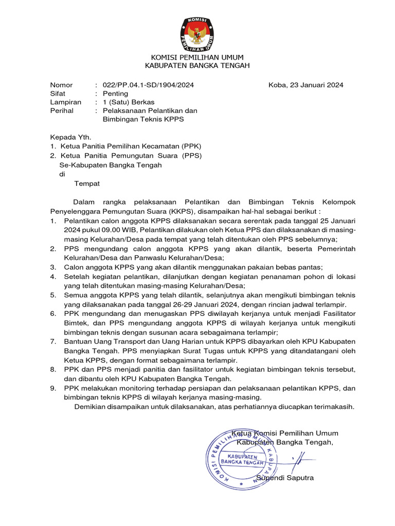 Surat Pelantikan Dan Bimtek KPPS Ke PPK Dan PPS | PDF