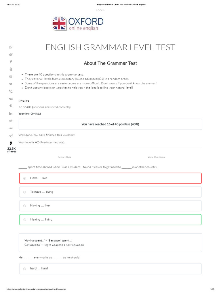 English Grammar Level Test - Oxford Online English Jorge Amaya ...