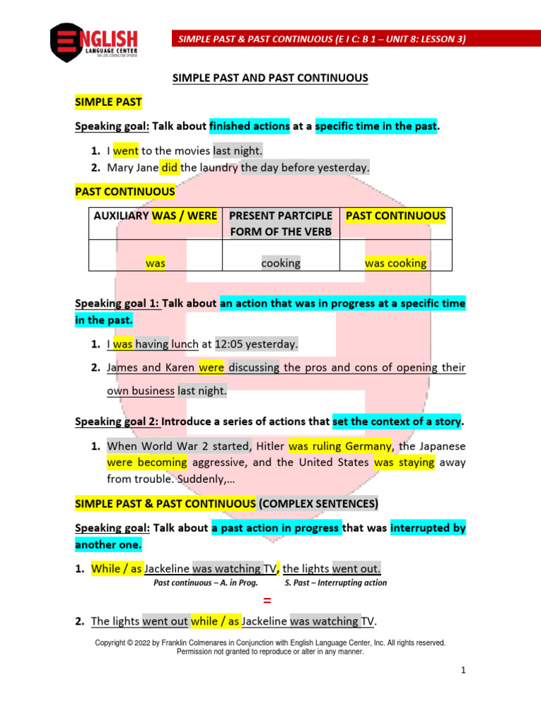 SIMPLE PAST AND PAST CONTINUOUS - LESSON 3 | PDF