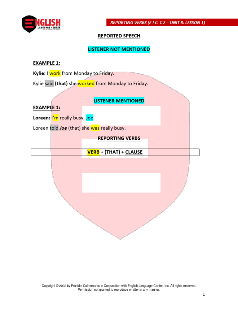 Reporting Verbs - Lesson 1 | Download Free PDF | Verb | English Language