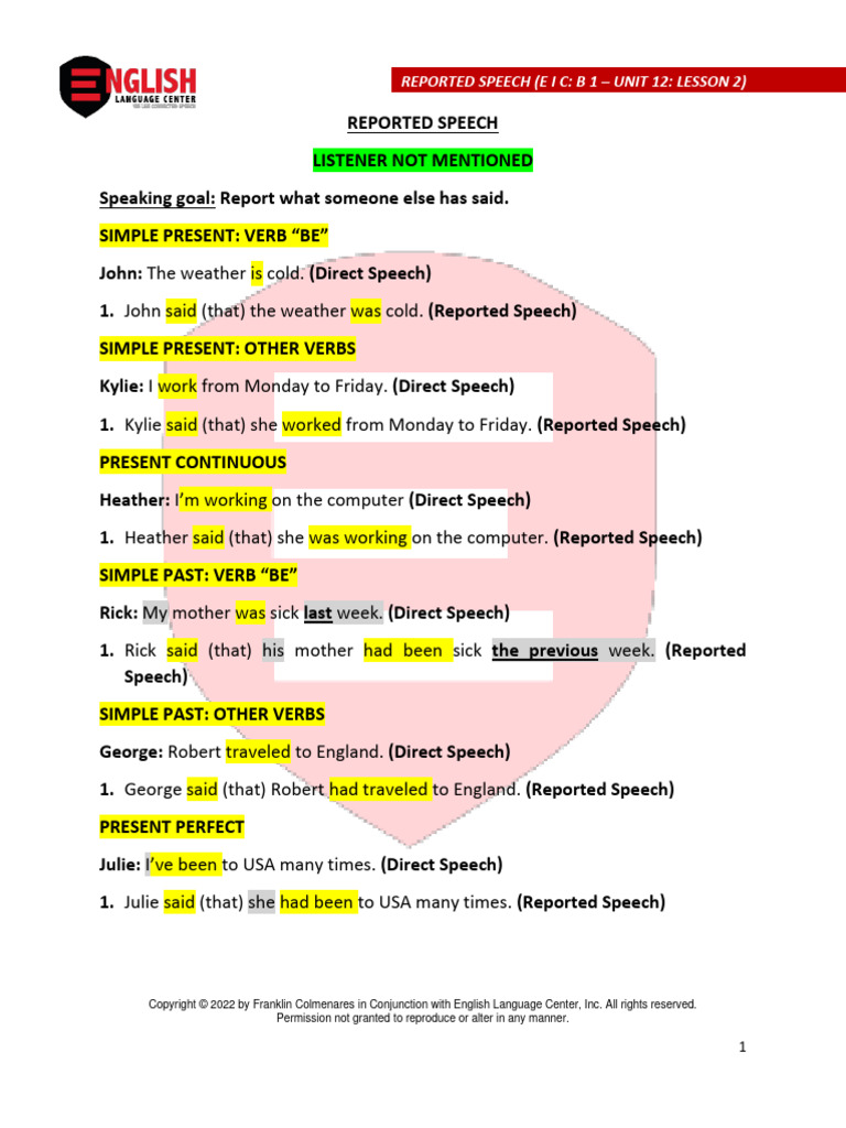 Reported Speech - Lesson 2 | PDF | All Rights Reserved | Language Families