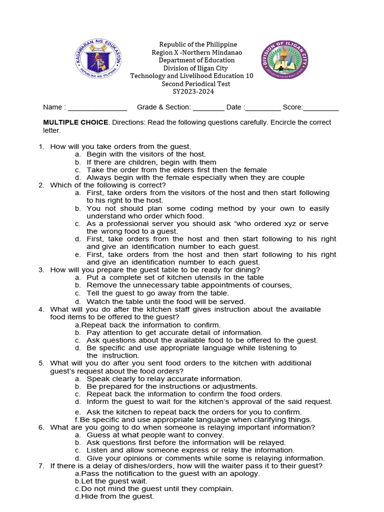 2nd Quarter Periodical Exam Tle 10 | PDF | Menu | Cuisine