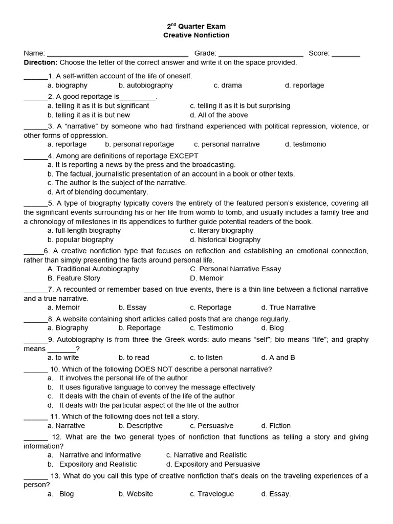Creative Nonfiction 2nd Quarter Exam | PDF | Narrative | Creative ...