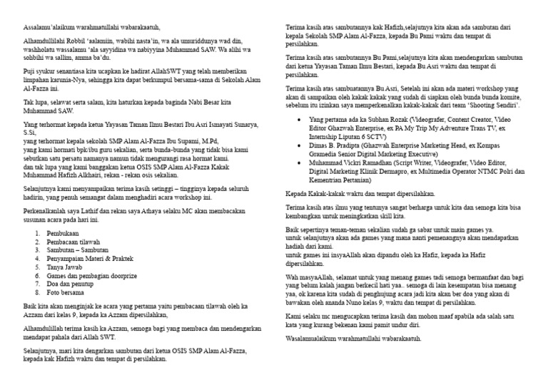 Teks MC Acara Workshop Videografi | PDF