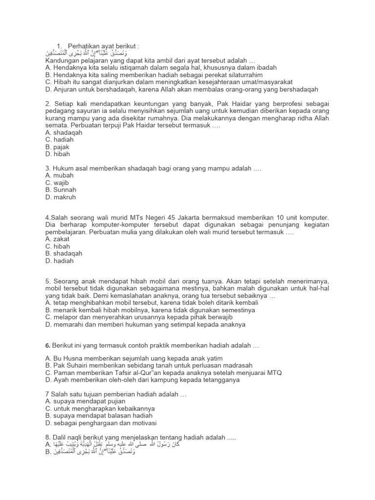 Soal Fikih Tentang Sedekah Hibah Dan Hadiah | PDF