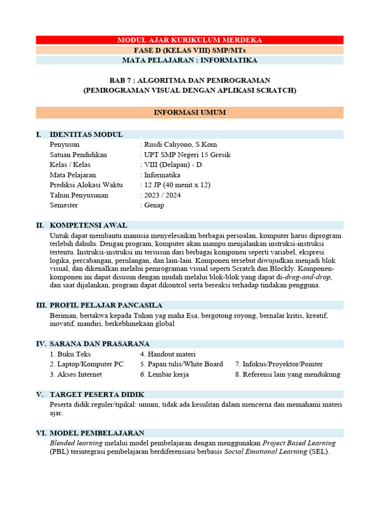 Modul Ajar Informatika Fase D Kelas 8 Bab AP (Scratch) | PDF | Seni