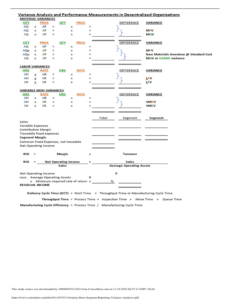 3 Formula Sheet Segment Reporting Variance Analysis | PDF | Financial ...