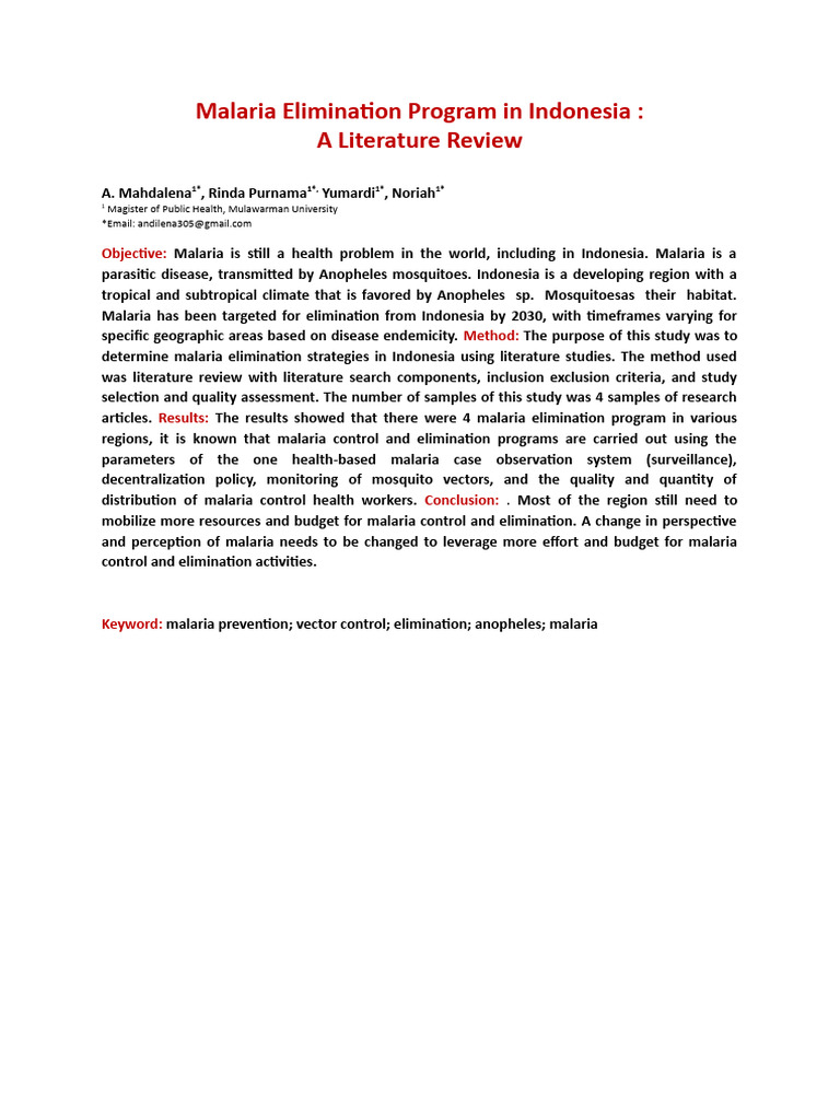 Malaria Elimination Program In Indonesia Abstract Download Free Pdf