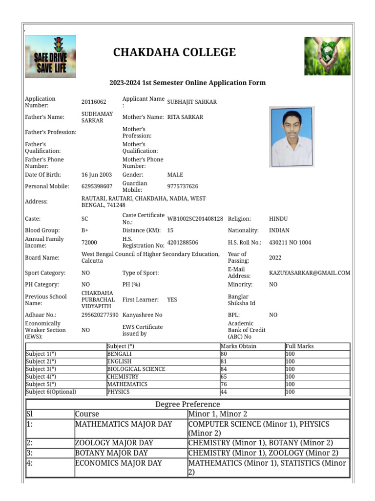 Chakdaha College Admission Form 2023-24 | PDF