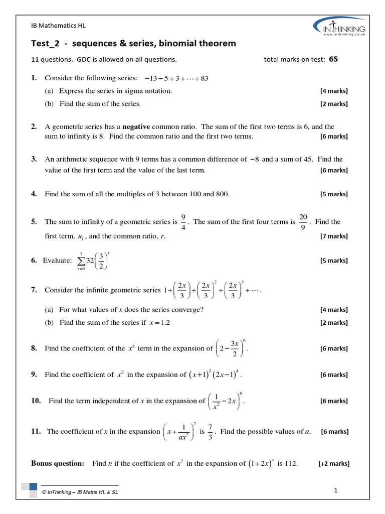 Inthinking Self Practice Test Sequence Series and Binomial Expansion 1 ...