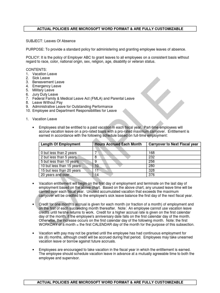Leaves of Absence Policies | PDF | Family And Medical Leave Act Of 1993 ...