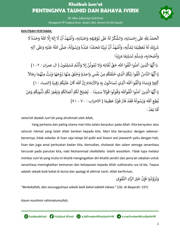 Pentingnya Tauhid Bahaya Syirik | PDF