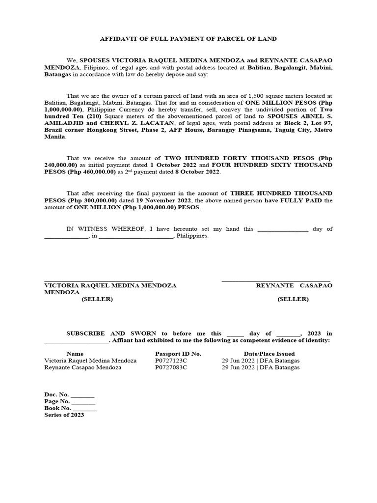 Affidavit of Full Payment of Parcel of Land | PDF