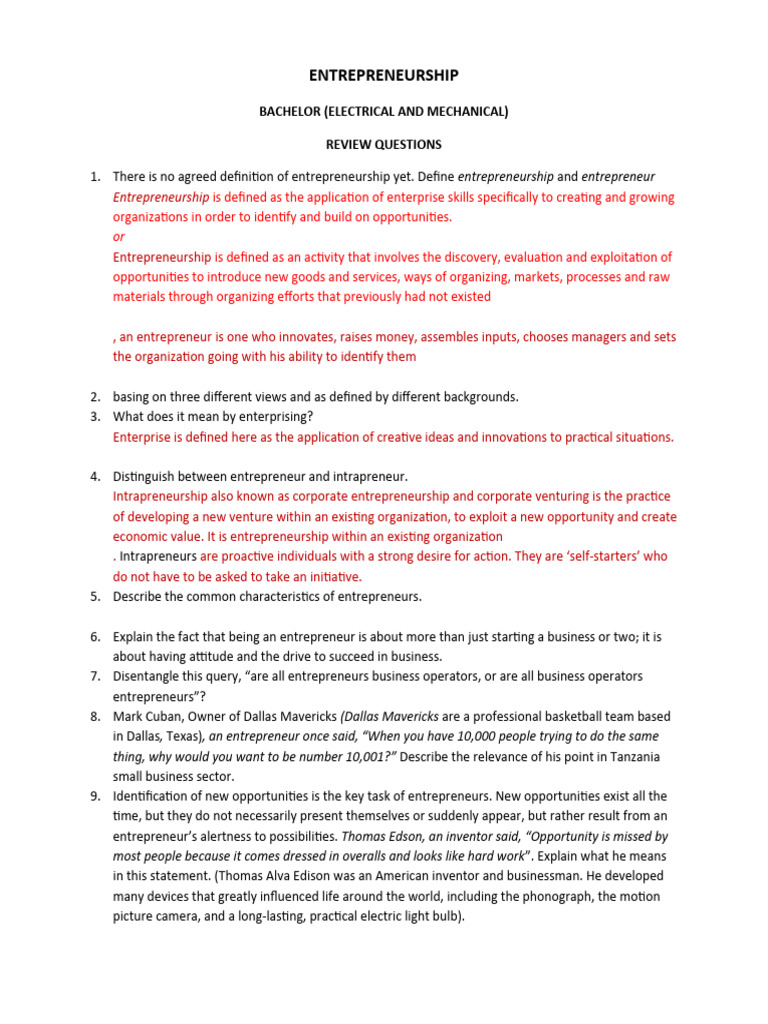 REVIEW QUESTIONS (Entrep) | PDF | Entrepreneurship | Innovation