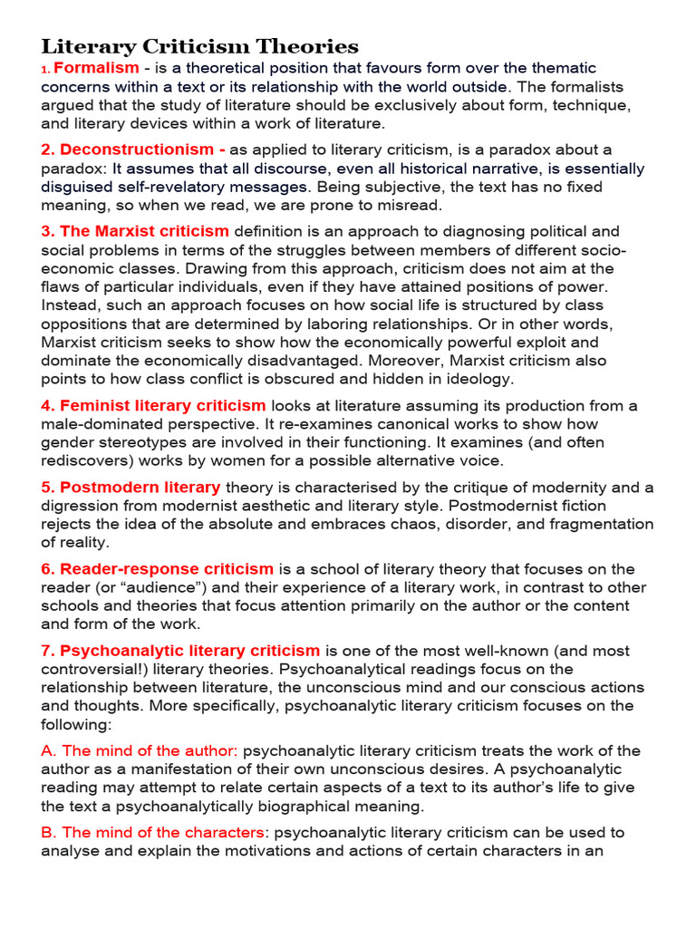 Literary Criticism Theories | PDF | Psychoanalysis | Unconscious Mind