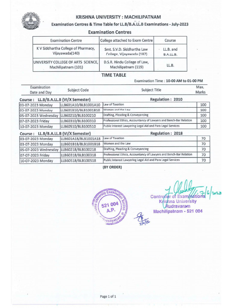 LLB 6 and Ballb 10 Sem Exams July 2023 Timetable and Exam Centers | PDF
