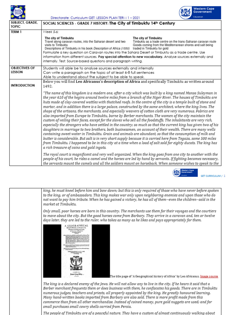Grade 7 Lesson Plan: Timbuktu Trade | PDF | Africa