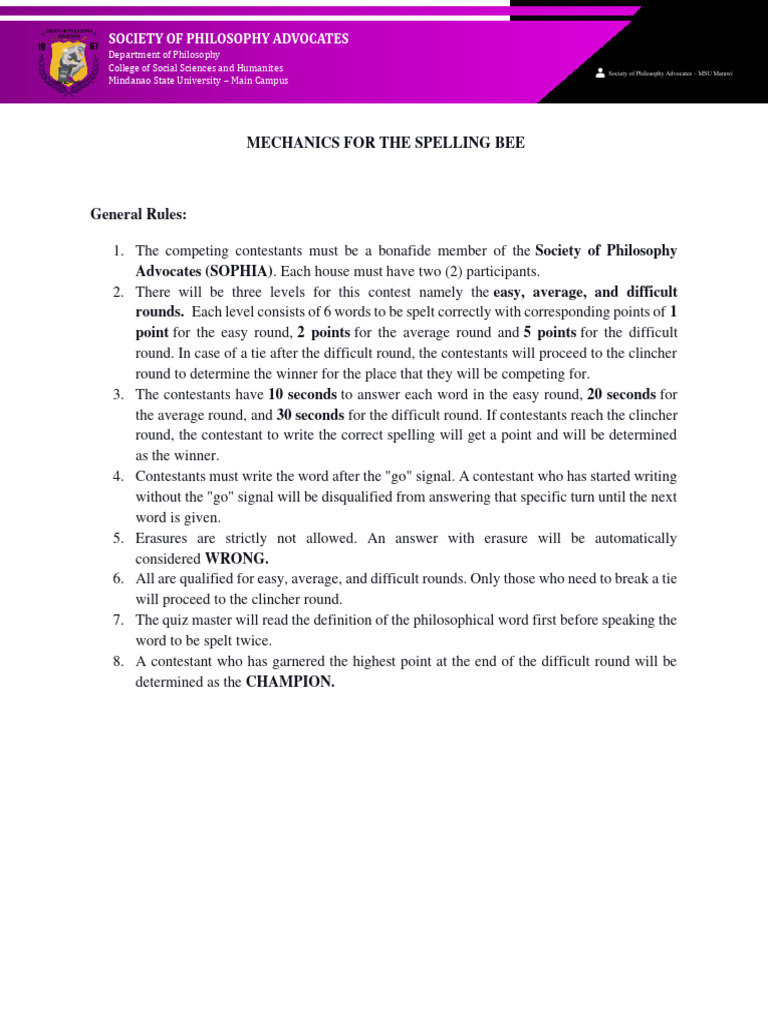 Spelling Bee Competition Mechanics | PDF | Self-Improvement