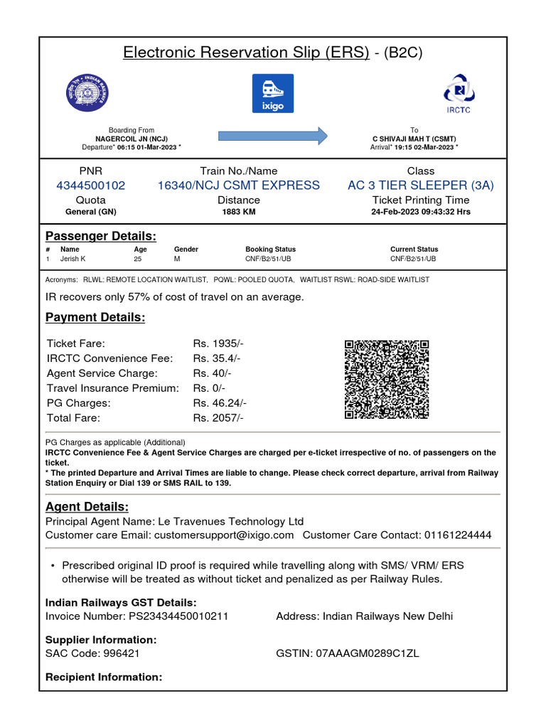 Electronic Reservation Slip (ERS) : 4344500102 16340/Ncj CSMT Express ...