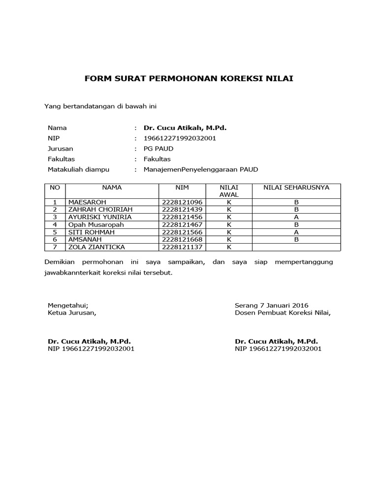 Form Surat Permohonan Koreksi Nilai | PDF