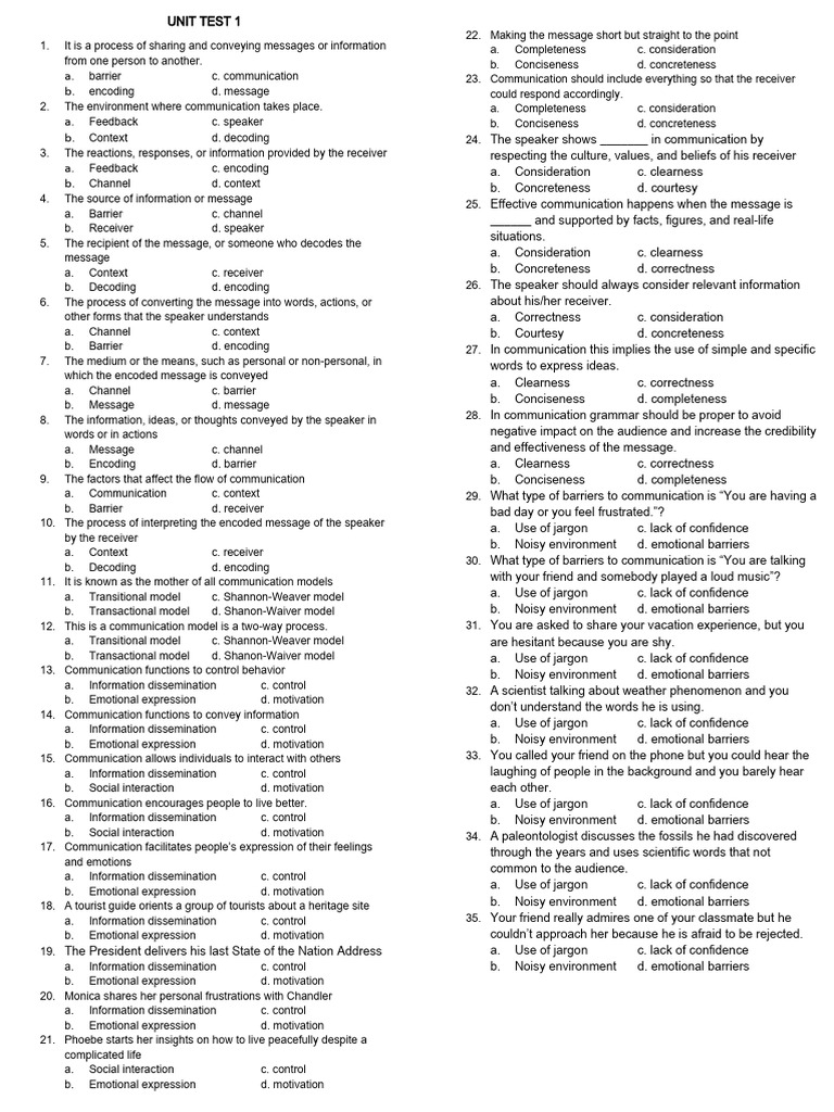 Unit Test 1 | PDF | Communication | Information
