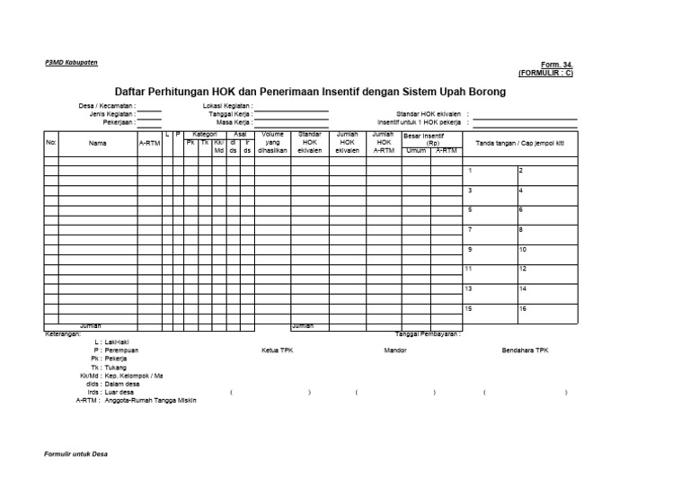 Daftar Perhitungan HOK Dan Penerimaan Insentif Sistem Borongan | PDF