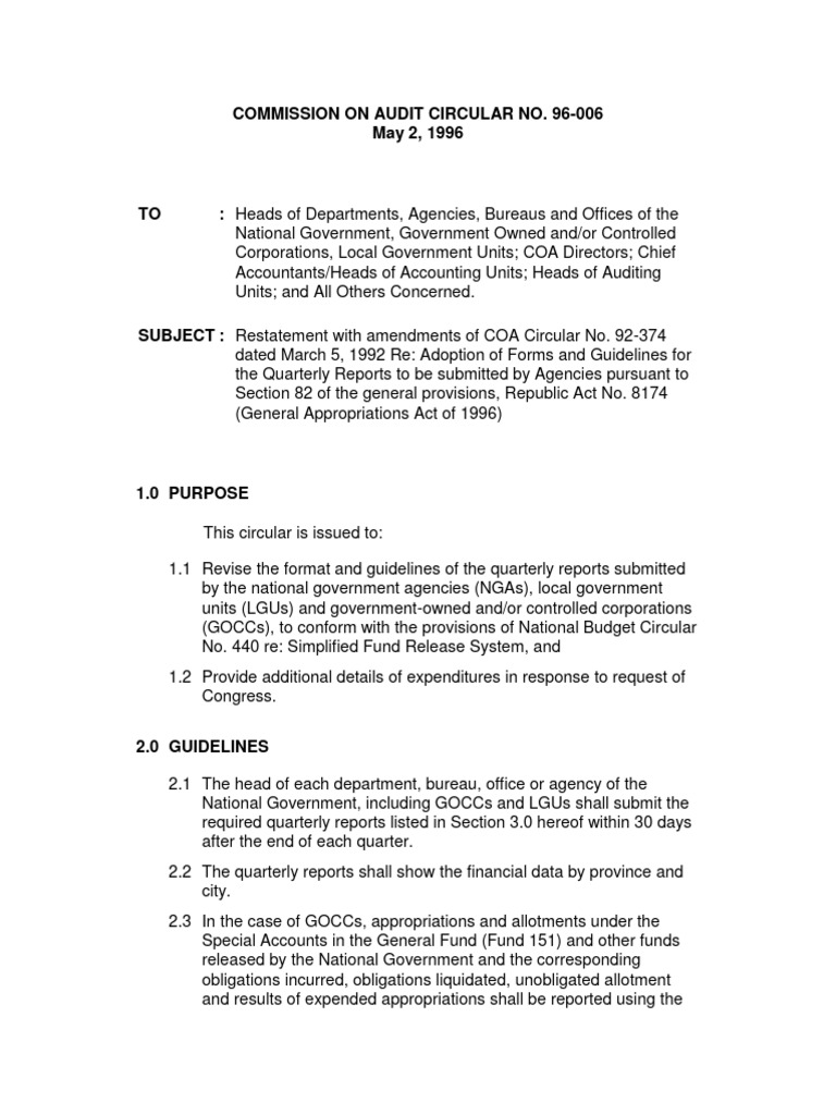 COA CIRCULAR NO. 96 006 May 2 1996 | PDF | Public Law | Government