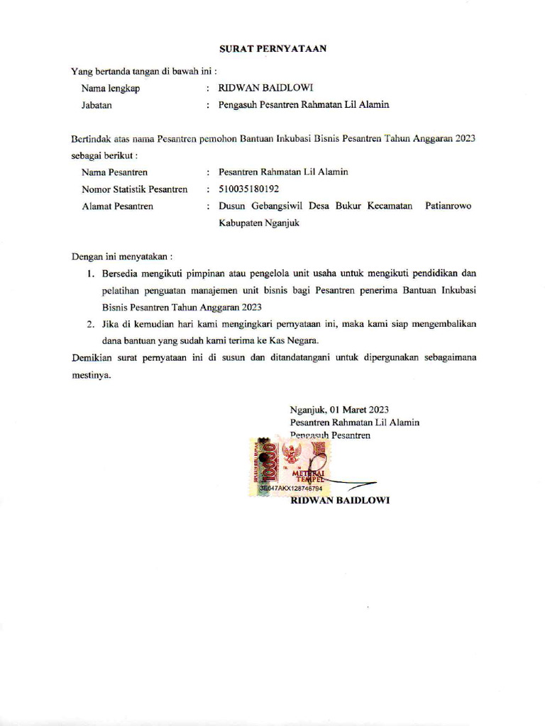 Surat Pernyataan Komitmen Mengikuti Pendidikan Dan Pelatihan (Diklat) | PDF