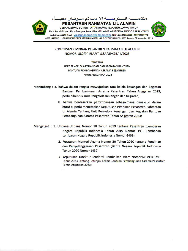 Upk2b Pembangunan Asrama Pesantren 2023 | PDF