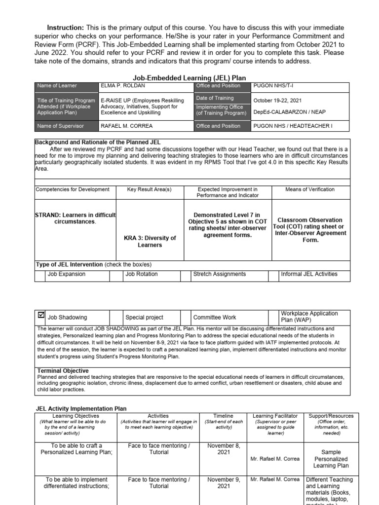 Job-Embedded Learning Plan Overview | PDF | Differentiated Instruction ...