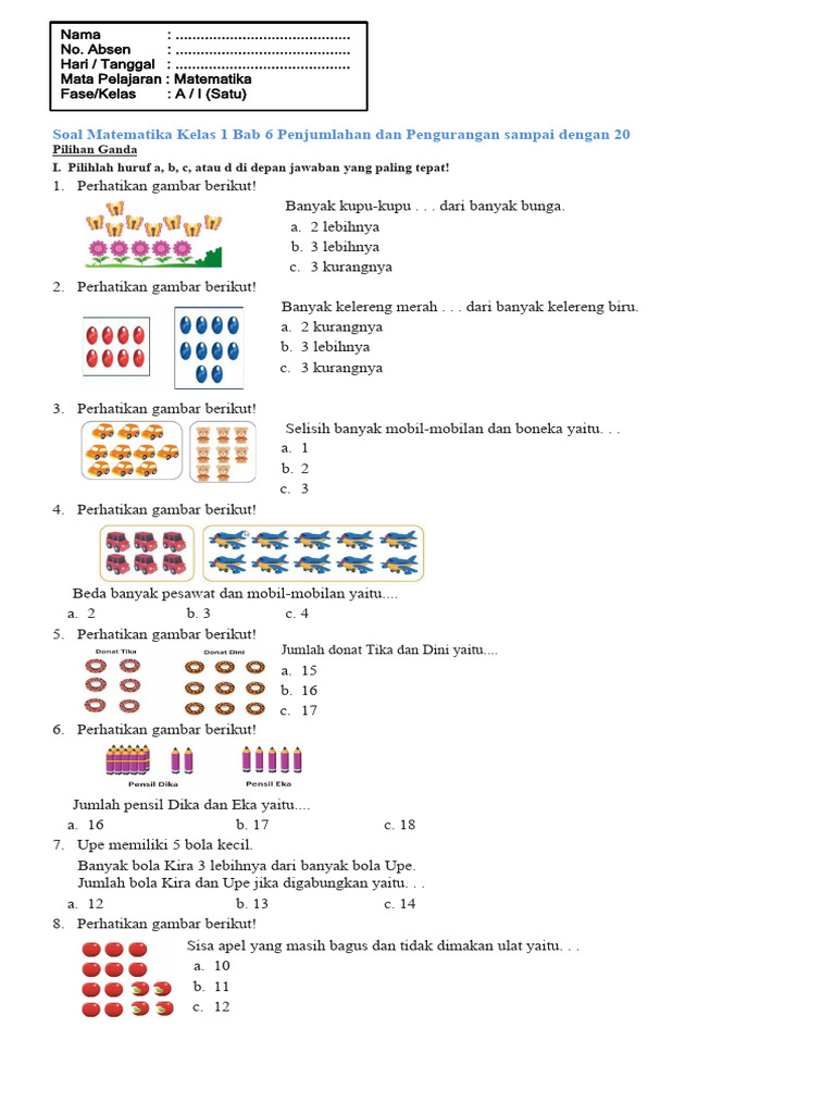 DICARIGURU Com Soal Matematika Kelas 1 Bab 6 Penjumlahan Dan ...