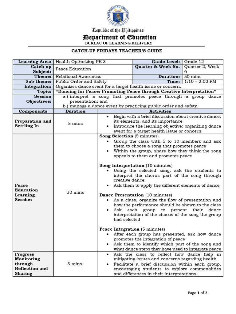 TG Catch Up Friday For Grade 12 HOPE3 and Peace Education | PDF | Learning | Dances