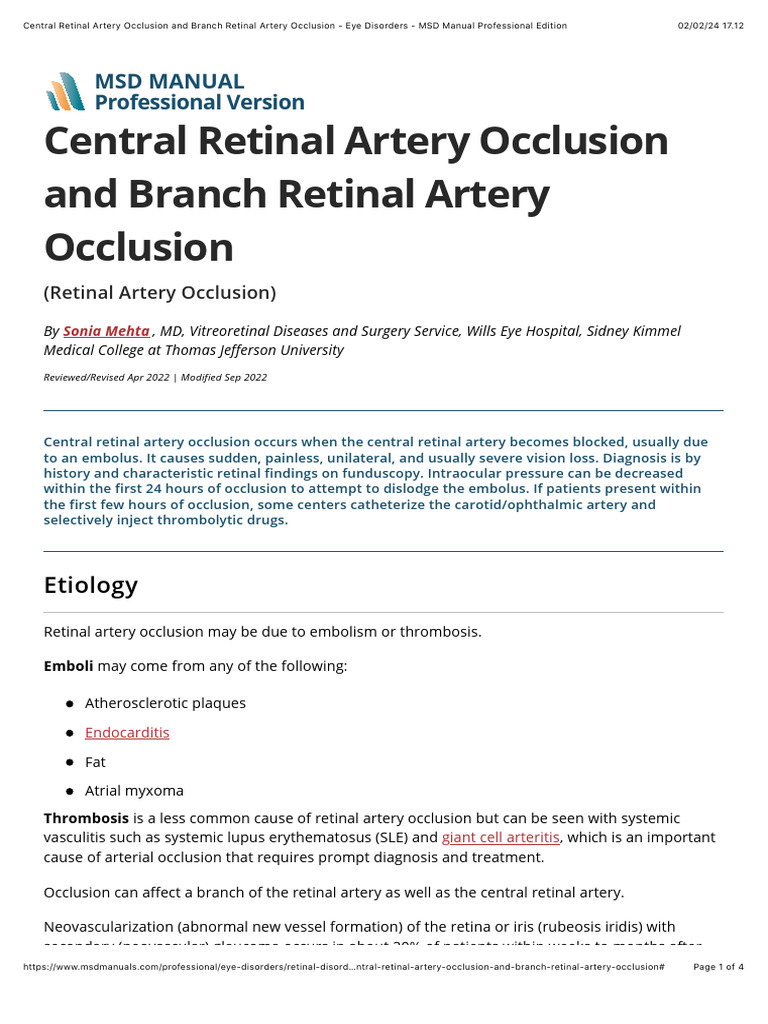 Central Retinal Artery Occlusion and Branch Retinal Artery Occlusion ...
