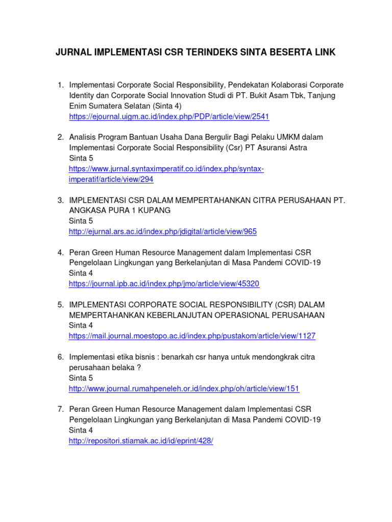 Jurnal Implementasi CSR Terindeks Sinta Beserta Link | PDF