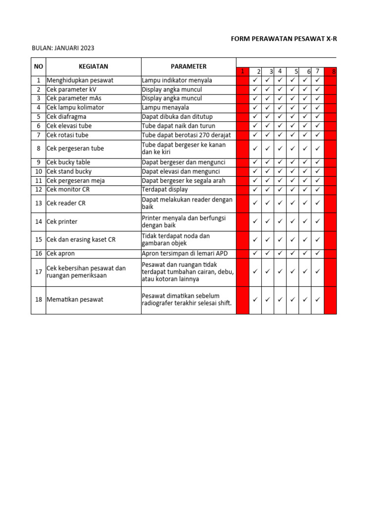 Form Checklist Perawatan Pesawat X-Ray Konvensional Harian | PDF