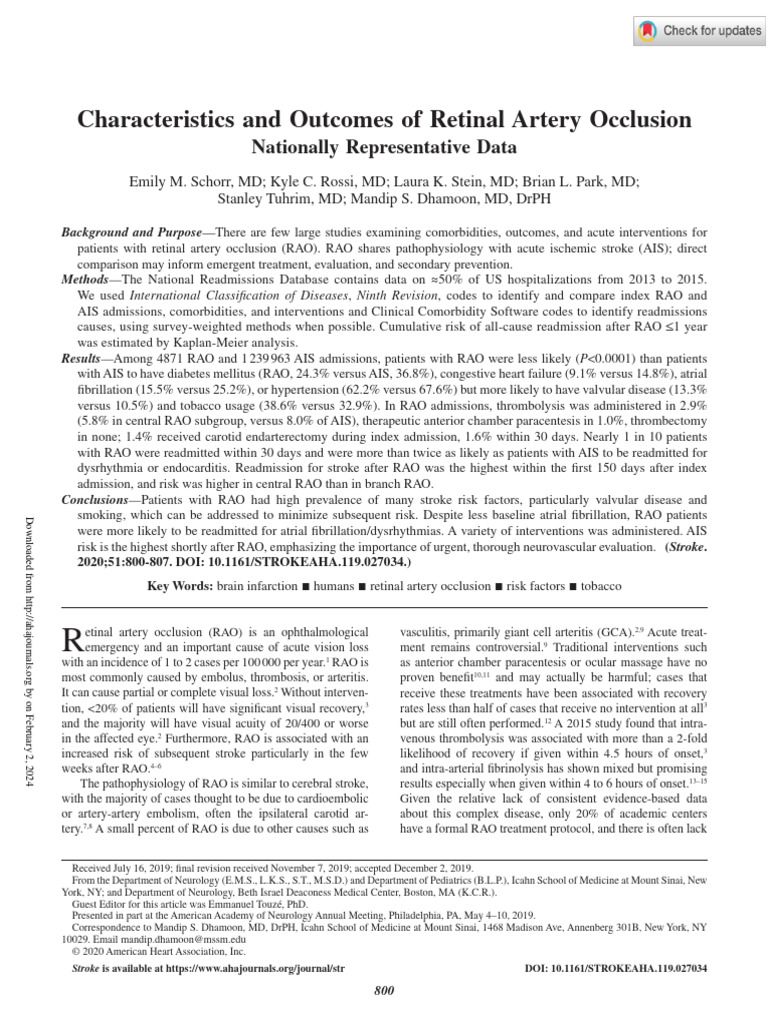Schorr Et Al 2020 Characteristics and Outcomes of Retinal Artery Occlusion | PDF