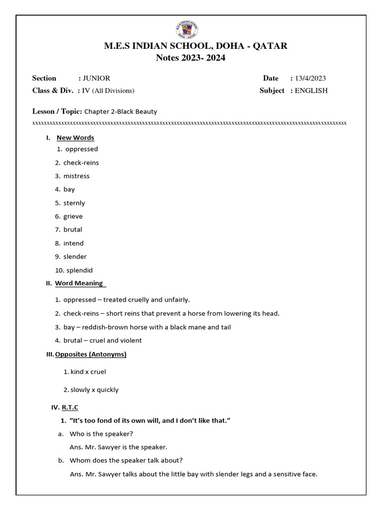 Class 4 English - Notes 1 - Chapter 2 - Black Beauty - 230607 - 122420 ...